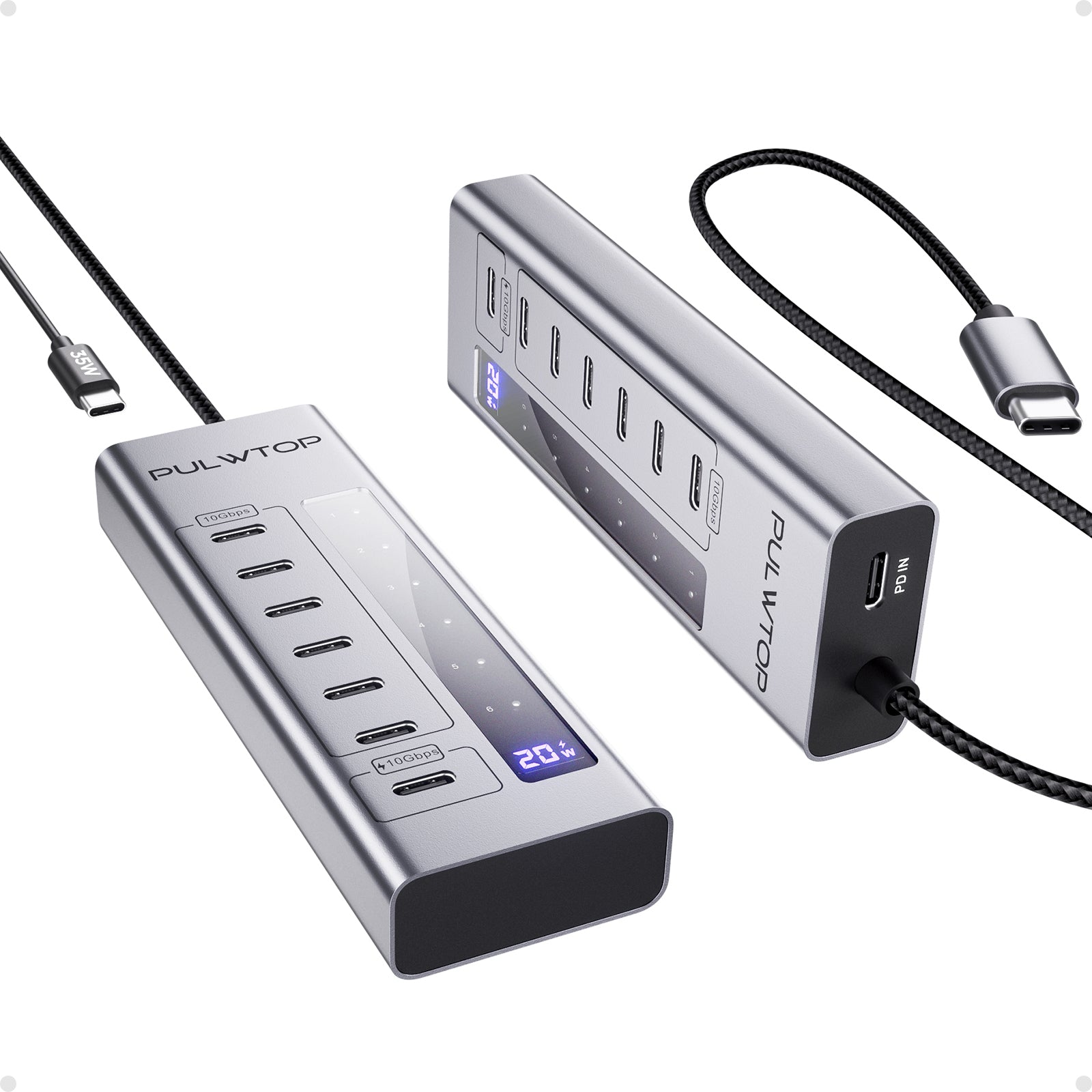 PULWTOP Powered USB C Hub, 7-in-1 USB C Hub Support 10Gbps Data&20W Ch
