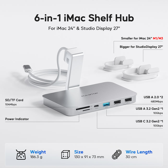 PULWTOP USB C Shelf Hub For iMac 24" M1/M3/M4 & Apple Display Studio
