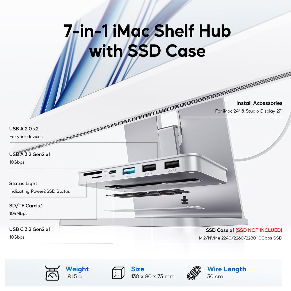 PULWTOP USB C Shelf Hub For iMac 24" M1/M3/M4 & Apple Display Studio(