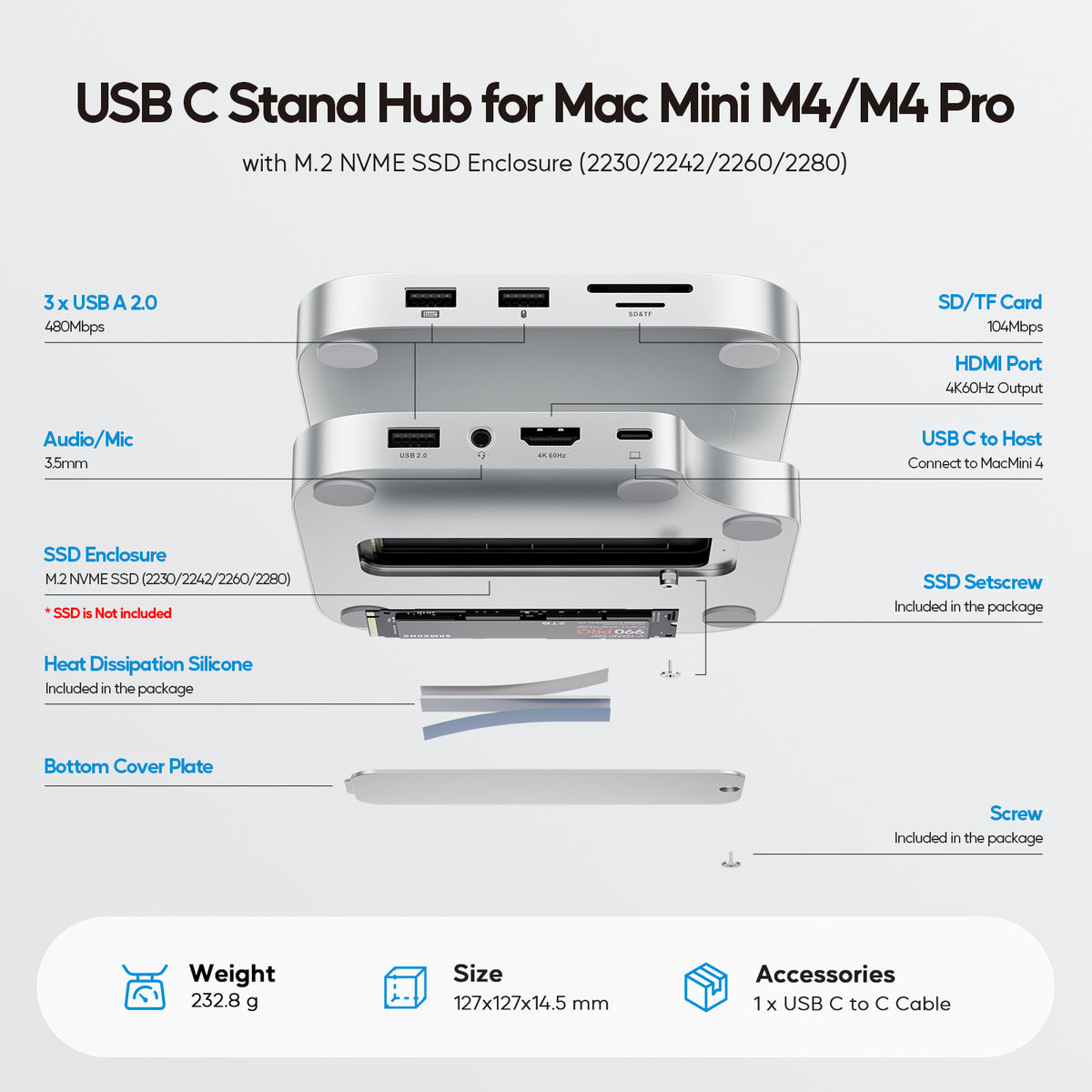 PULWTOP Mac Mini M4 Hub Stand with M.2 SSD Enclosure, 9-in-1 Mac Mini