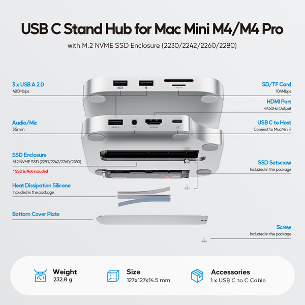 PULWTOP Mac Mini M4 Hub Stand with M.2 SSD Enclosure, 9-in-1 Mac Mini