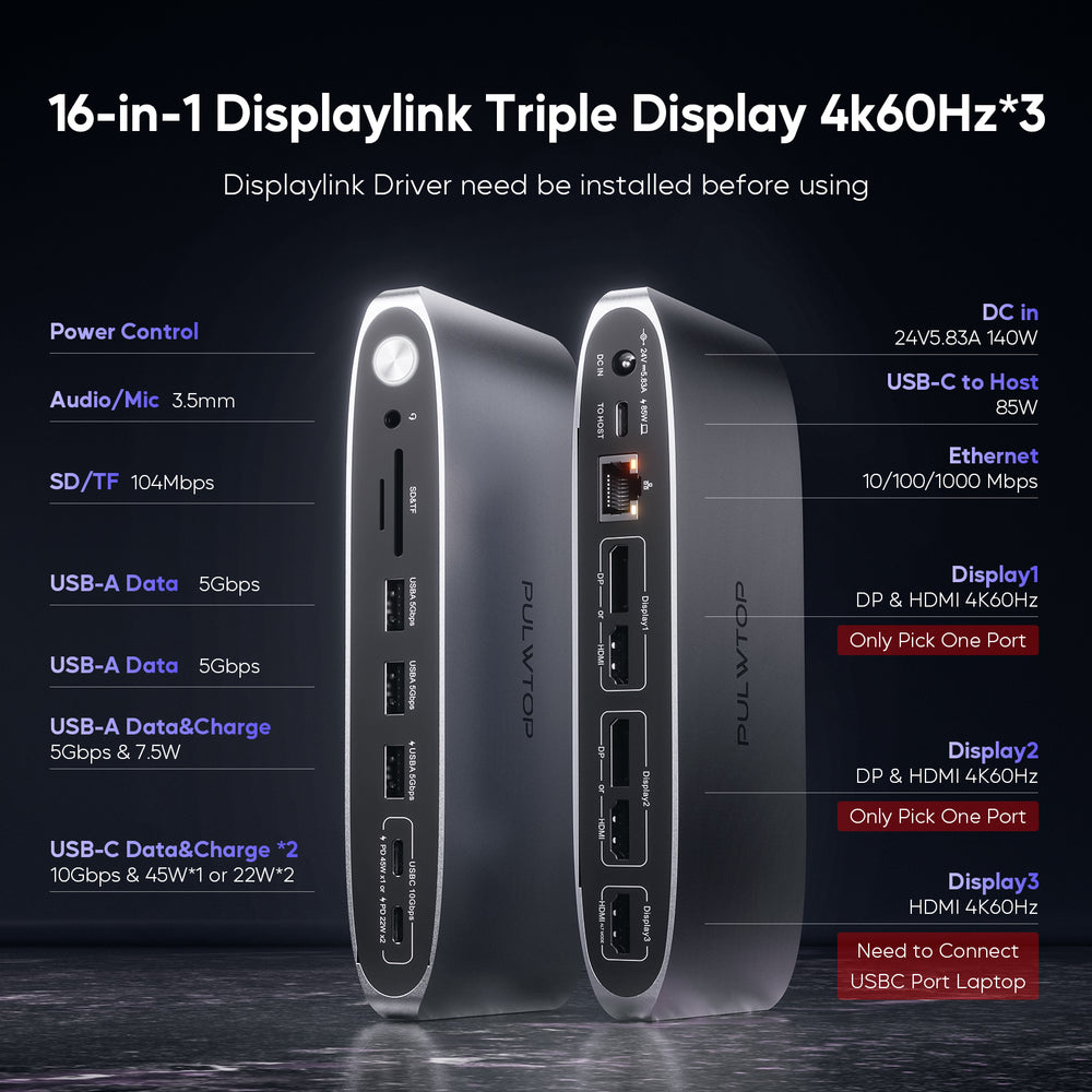 PULWTOP DisplayLink Docking Station Triple Monitor with 140W Power Ada