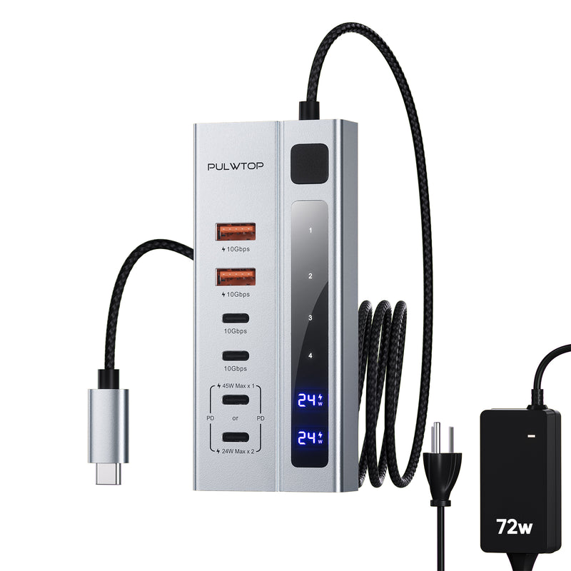 PULWTOP Powered USB C Hub with 72W Power Adapter, 10Gbps and 45W (Max)
