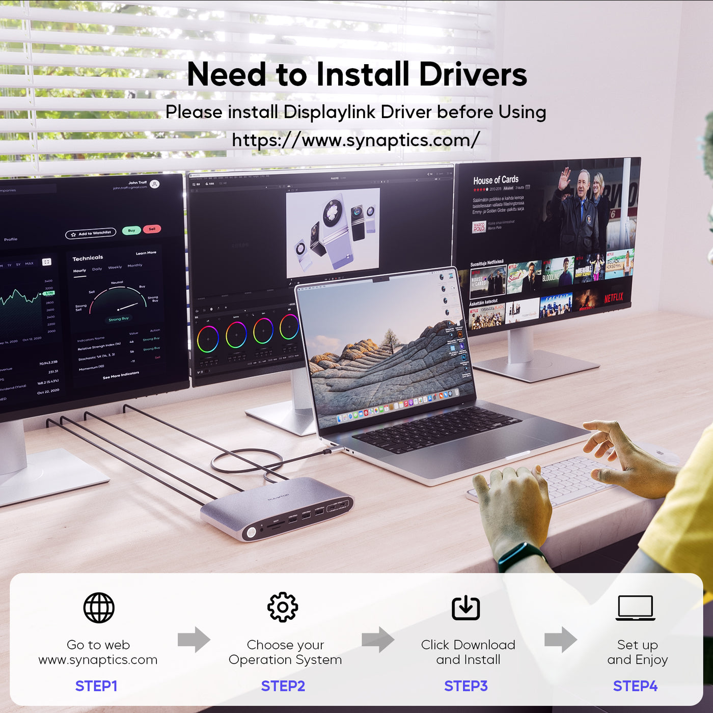 PULWTOP DisplayLink Docking Station Triple Monitor with 140W Power Ada